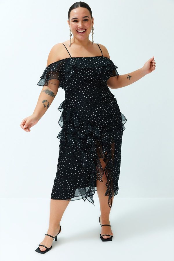 TRENDYOL CURVE BLACK POLKA DOT MAXI WOVEN DRESS