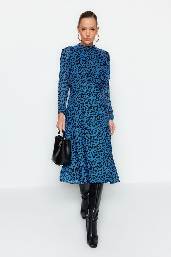 TRENDYOL BLUE MIDI LEOPARD PATTERN WOVEN DRESS