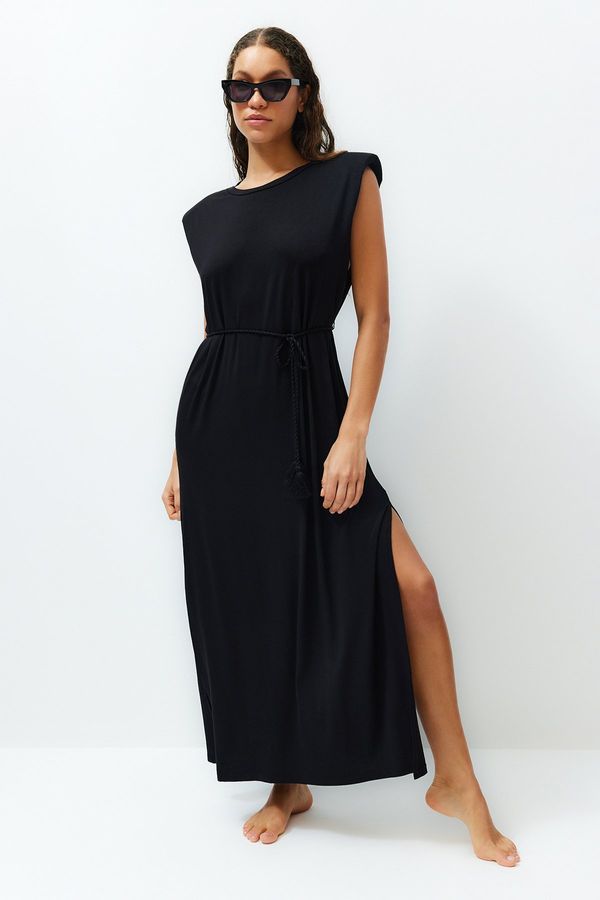 TRENDYOL BLACK MAXI KNITTED TIE BEACH DRESS