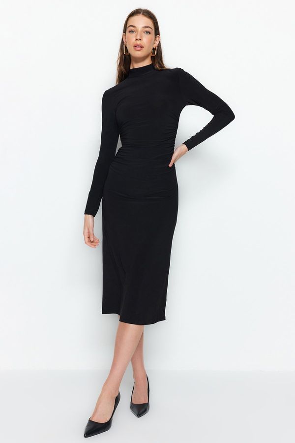 TRENDYOL BLACK DRAPED DETAILED STAND UP A-LINE FLEXIBLE MIDI KNIT DRESS