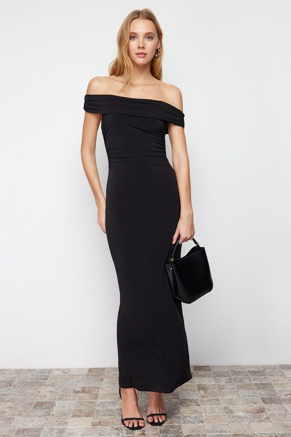 TRENDYOL BLACK MAXI FITTED CARMEN NECK STRETCHY KNITTED MAXI DRESS