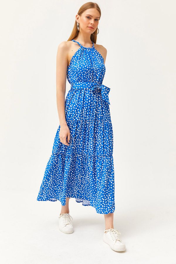 OLALOOK WOMEN'S POLKA DOT SAX BLUE HALTER NECK BELTED WOVEN VISCON DRESS