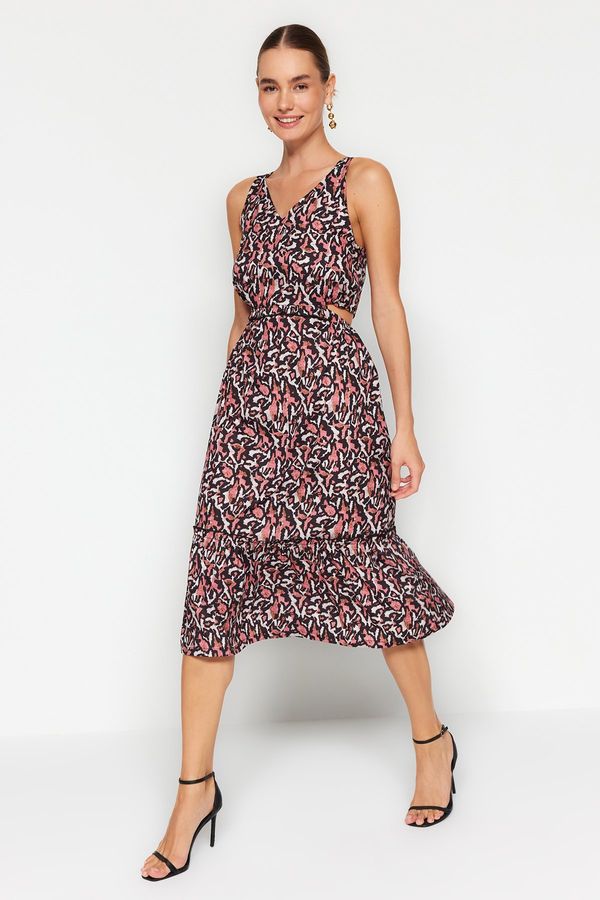 TRENDYOL BROWN LEOPARD PATTERNED V NECK A-LINE/A-LINE FORM CUT OUT DETAILED MIDI WOVEN DRESS