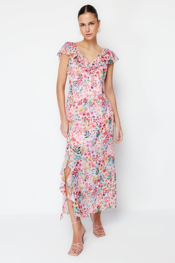 TRENDYOL PINK RUFFLED CHIFFON LINED MAXI WOVEN DRESS