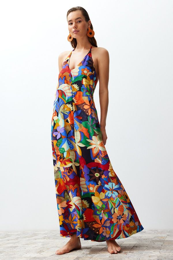 TRENDYOL FLORAL PATTERN MAXI WOVEN DECOLLETE BACKLESS BEACH DRESS