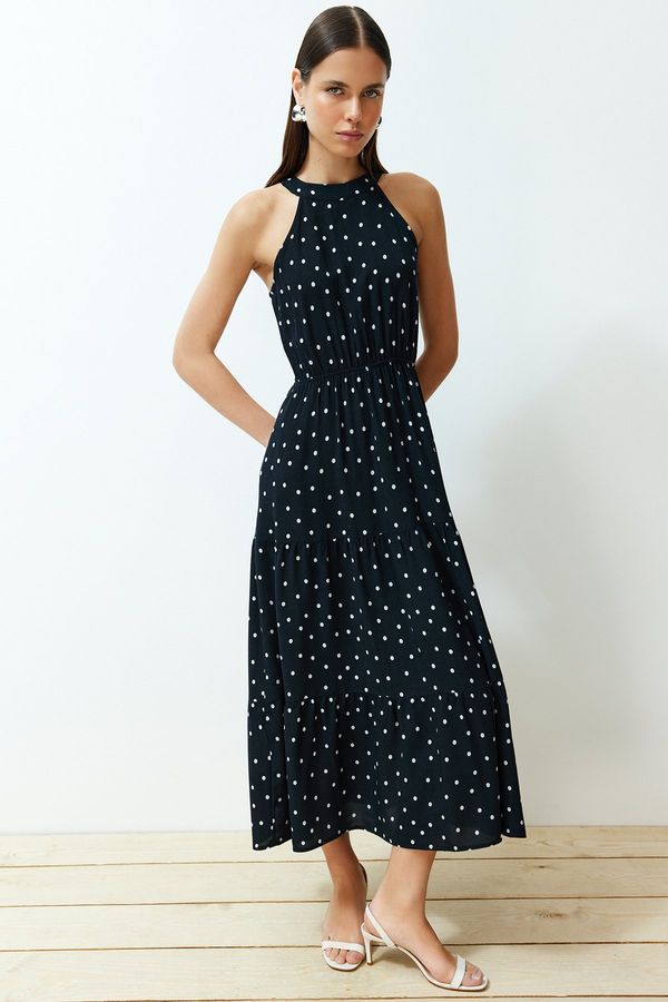 TRENDYOL BLACK POLKA DOT WAIST OPENING VISCOSE MIDI WOVEN DRESS