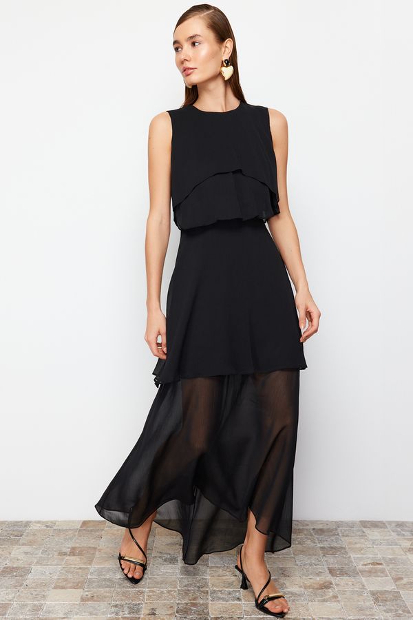TRENDYOL BLACK CHIFFON ELEGANT EVENING DRESS