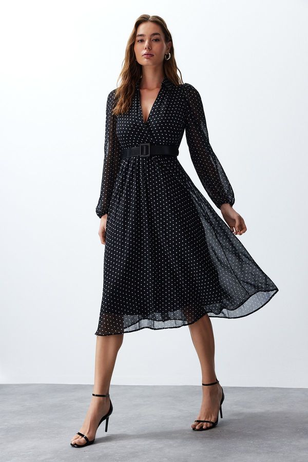 TRENDYOL BLACK BELT POLKA DOT CHIFFON LINED MIDI WOVEN DRESS