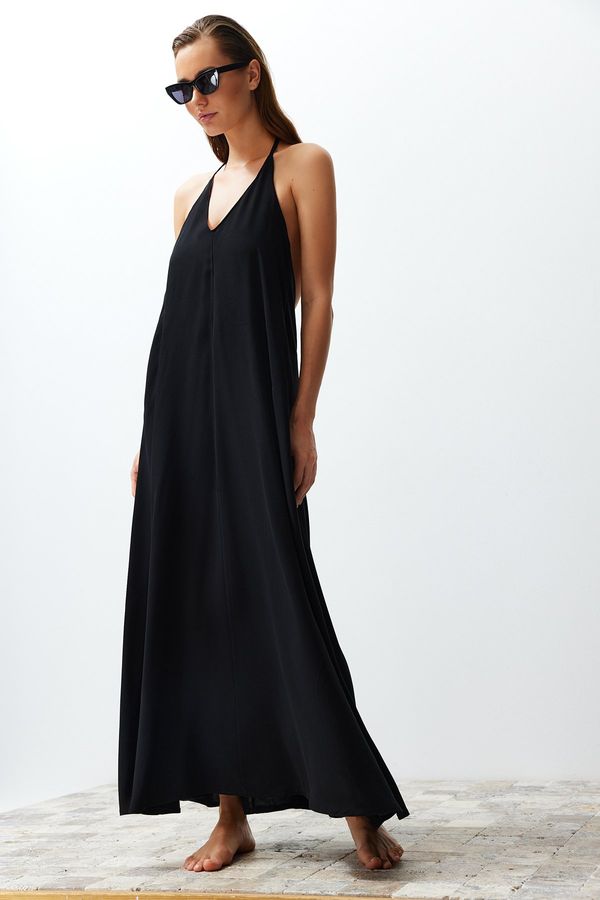 TRENDYOL BLACK MAXI WOVEN DECOLLETE BACKLESS BEACH DRESS