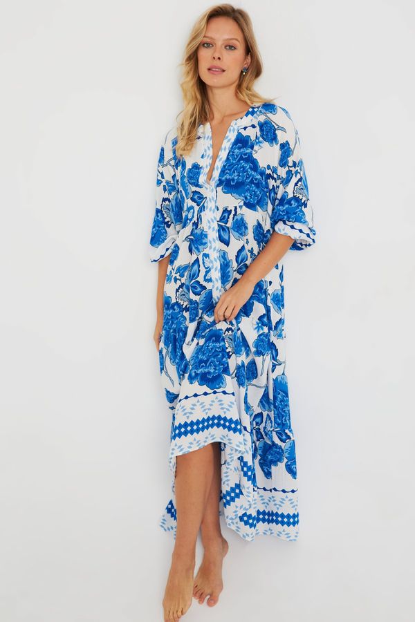 COOL & SEXY WOMEN'S PATTERNED LOOSE MAXI DRESS BLUE Q981