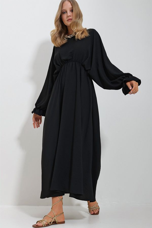 TREND ALAÇATI STILI WOMEN'S BLACK CREW NECK BALLOON SLEEVE AEROBIN FABRIC MAXI LENGTH DRESS