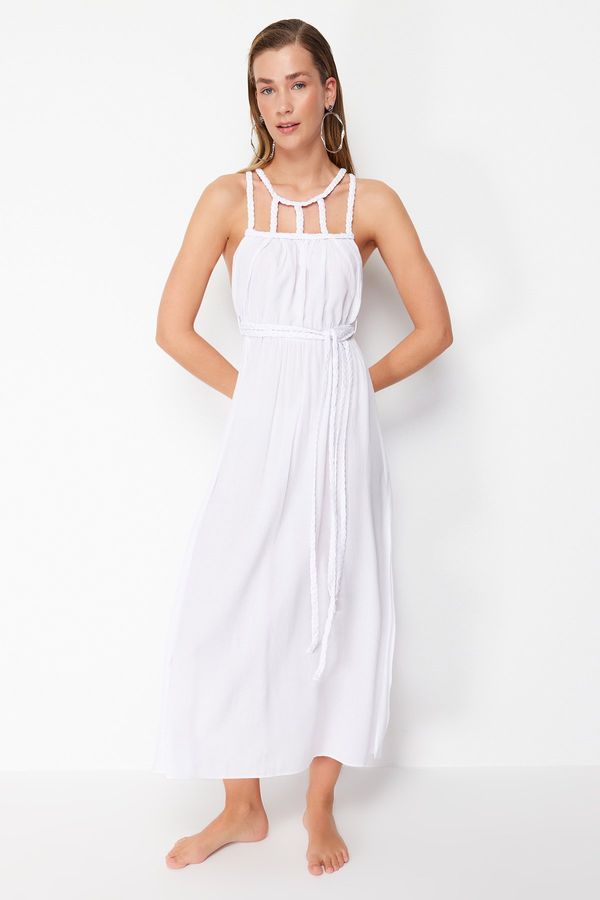 TRENDYOL WHITE BELTED MAXI WOVEN TIED 100% COTTON BEACH DRESS