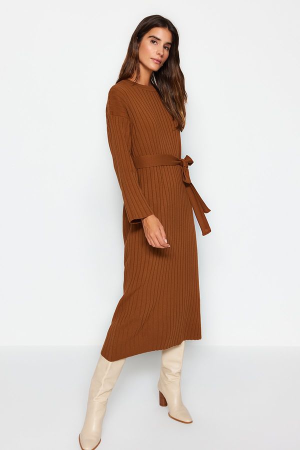 TRENDYOL BROWN BELTED RIB KNITWEAR DRESS