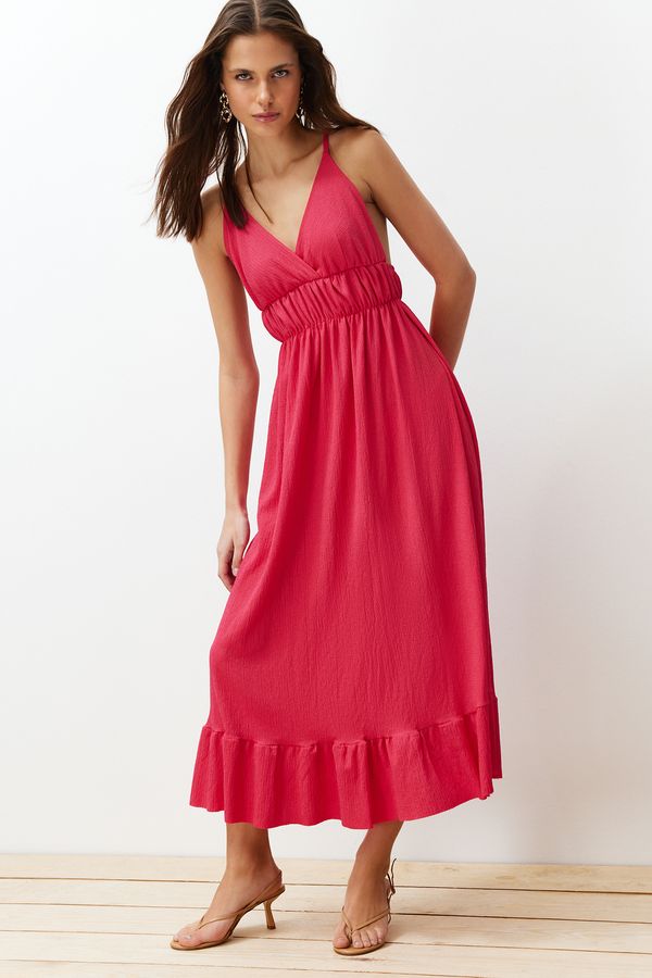 TRENDYOL FUCHSIA SKIRT RUFFLED V-NECK STRAP MAXI RIBBED FLEXIBLE KNITTED MAXI DRESS