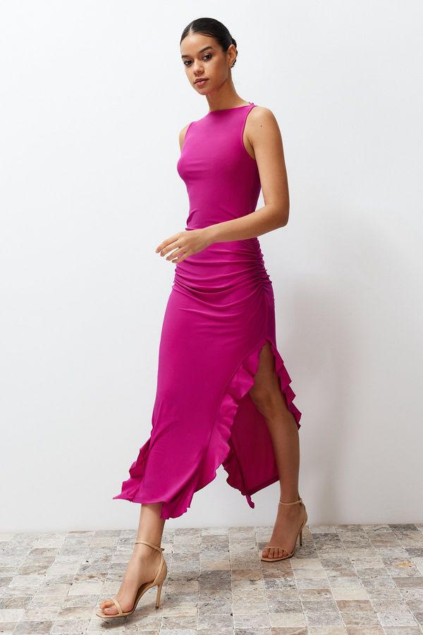 TRENDYOL FUCHSIA BODYCONE ZERO SLEEVE SLIT RUFFLE DETAILED STRETCHY THICK SANDY MAXI PENCIL DRESS