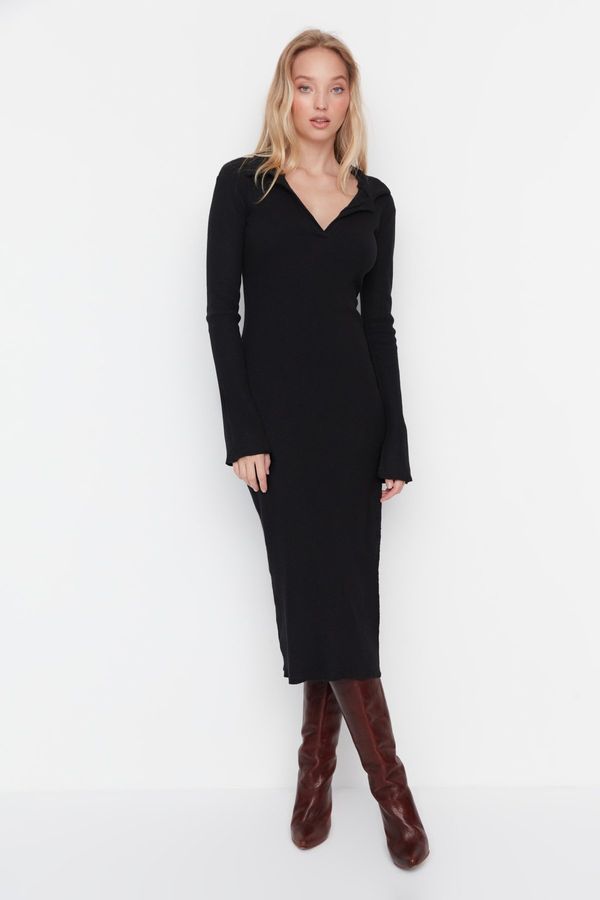 TRENDYOL BLACK FAKE KNITWEAR BODY-FITTING POLO COLLAR MAXI RIBBED FLEXIBLE KNITTED PENCIL DRESS