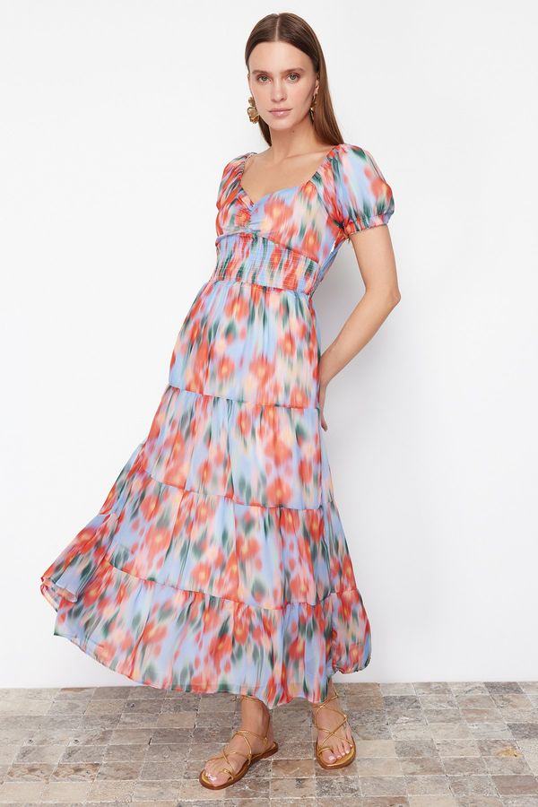 TRENDYOL BLUE FLORAL PATTERNED A-LINE GIPE DETAILED MAXI LINED CHIFFON WOVEN DRESS