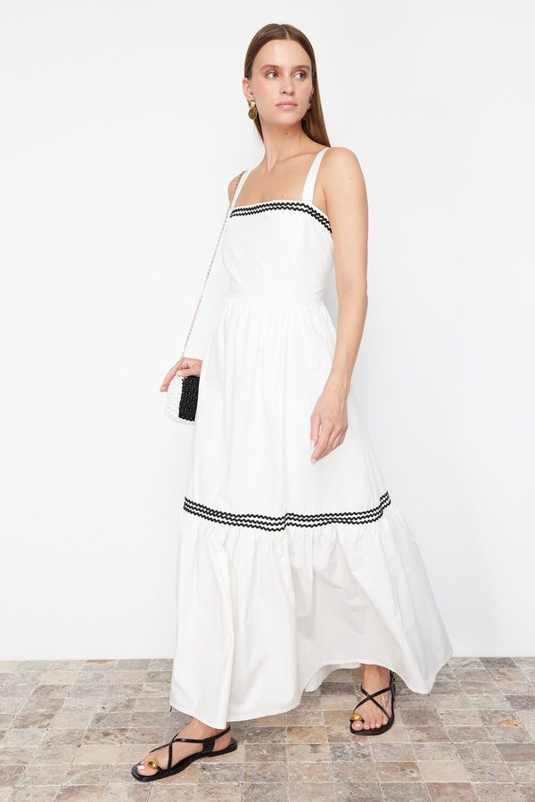 TRENDYOL WHITE BELTED BLACK STRIPE ACCESSORY DETAILED MAXI WOVEN DRESS