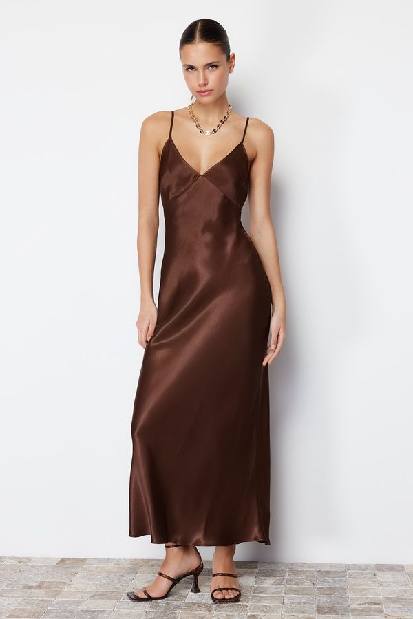 TRENDYOL BROWN STRAIGHT CUT SATIN STRAPPY MAXI WOVEN DRESS