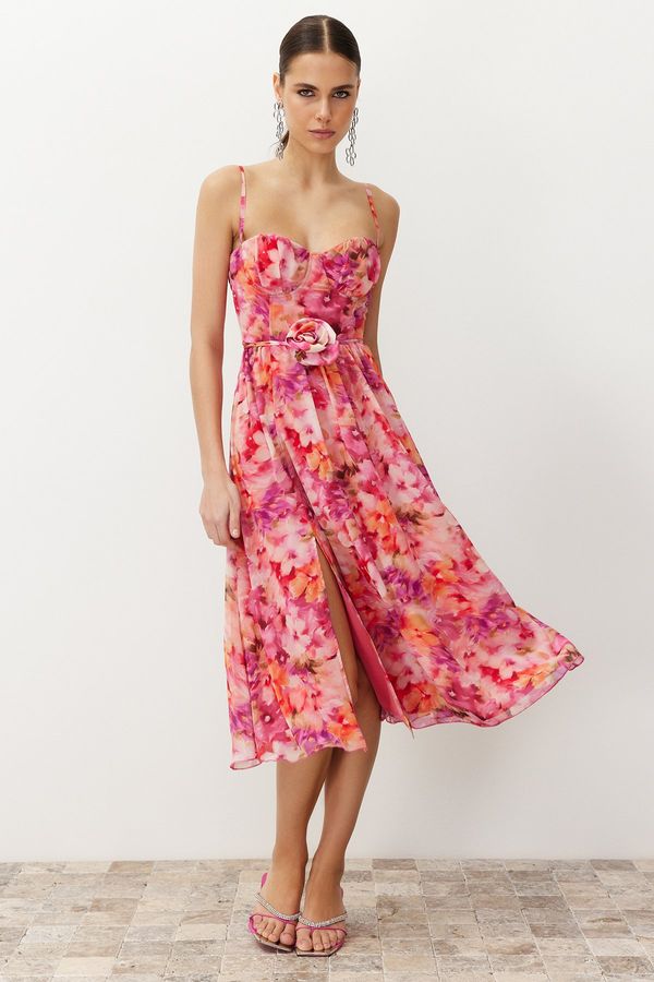 TRENDYOL MULTICOLORED ROSE DETAILED CHIFFON WOVEN DRESS