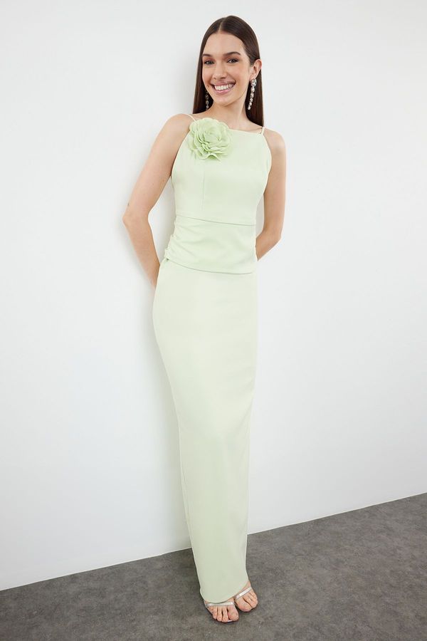 TRENDYOL LIGHT GREEN ROSE DETAILED WOVEN LONG ELEGANT EVENING DRESS