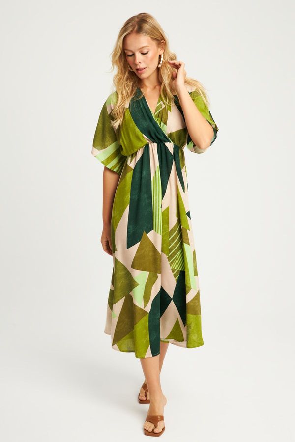 COOL & SEXY WOMEN'S KHAKI PATTERNED DOUBLE BREASTED MIDI DRESS HT108