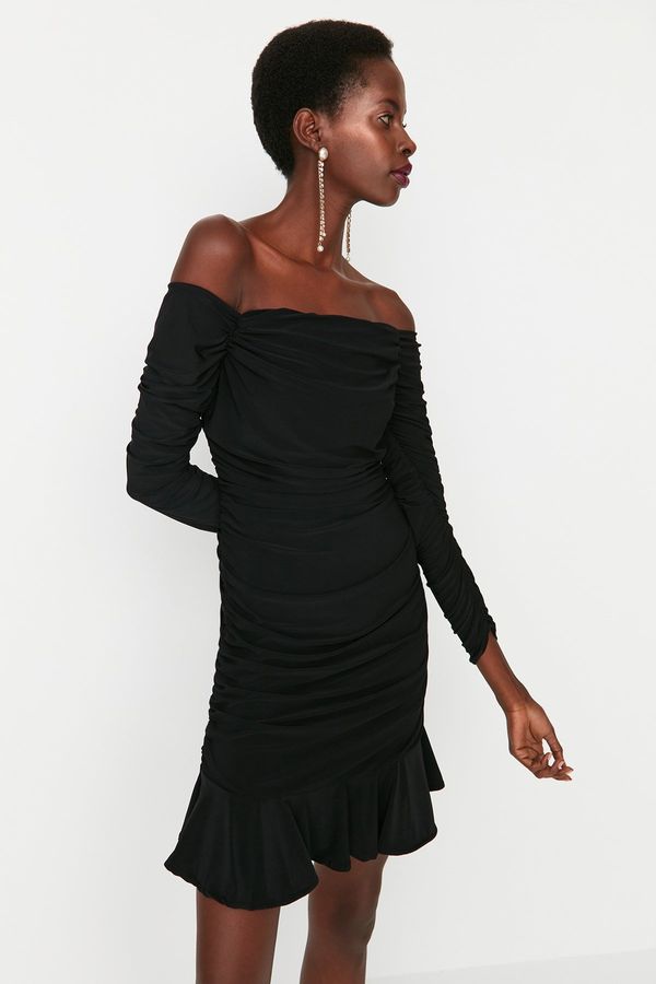 TRENDYOL BLACK RUFFLE DETAIL ELEGANT EVENING DRESS