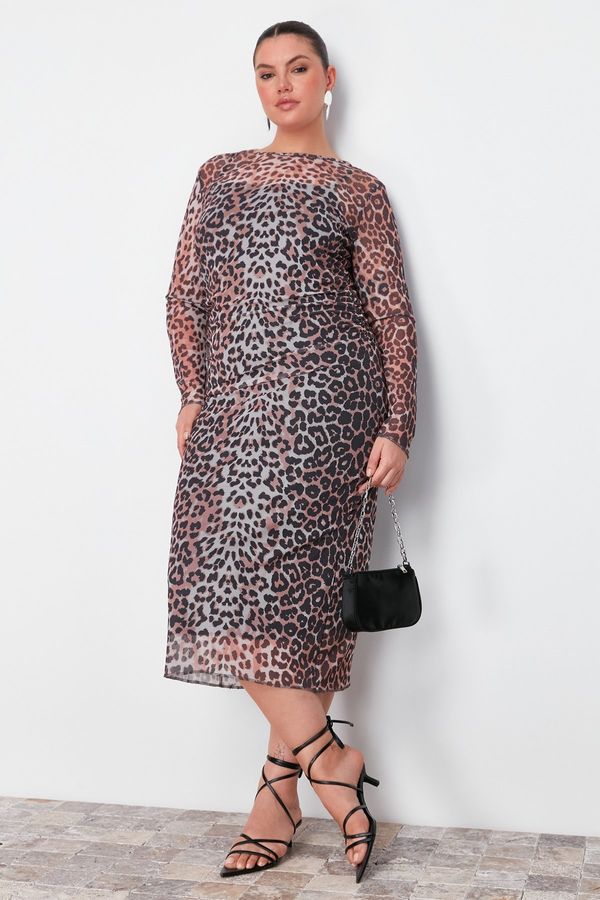TRENDYOL CURVE MULTI COLOR LEOPARD PATTERNED TULLE MIDI KNITTED DRESS