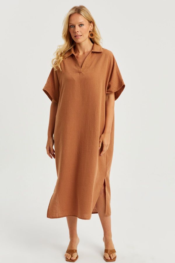 COOL & SEXY WOMEN'S TAN LINEN MIDI DRESS DMR85
