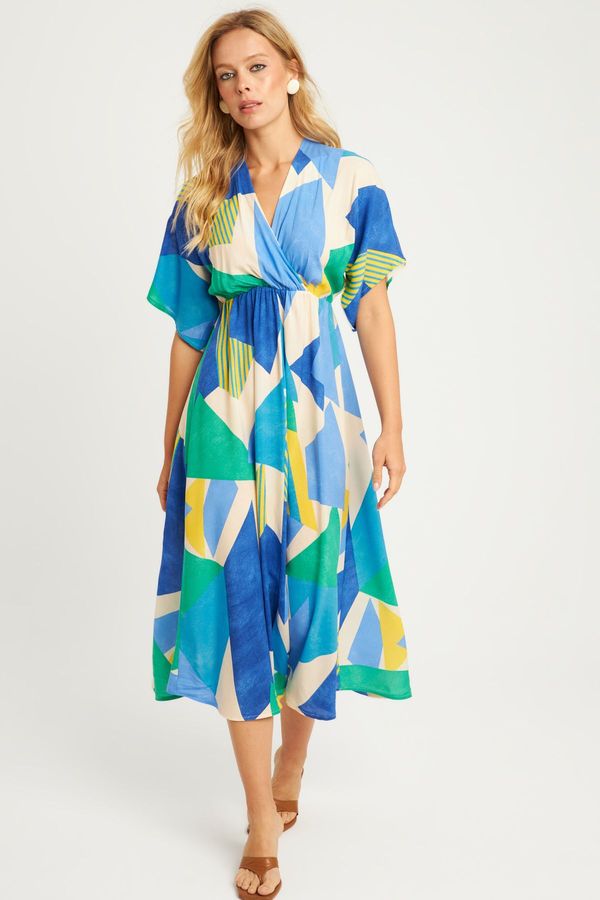 COOL & SEXY WOMEN'S BLUE PATTERNED DOUBLE BREASTED MIDI DRESS HT108
