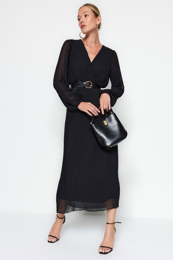 TRENDYOL BLACK BELTED A-LINE PLEATED MAXI LINED CHIFFON WOVEN DRESS