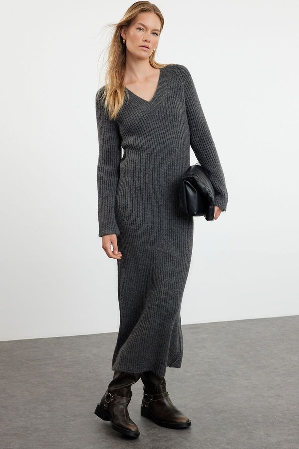 TRENDYOL ANTHRACITE MAXI KNITWEAR WOOL BASIC DRESS
