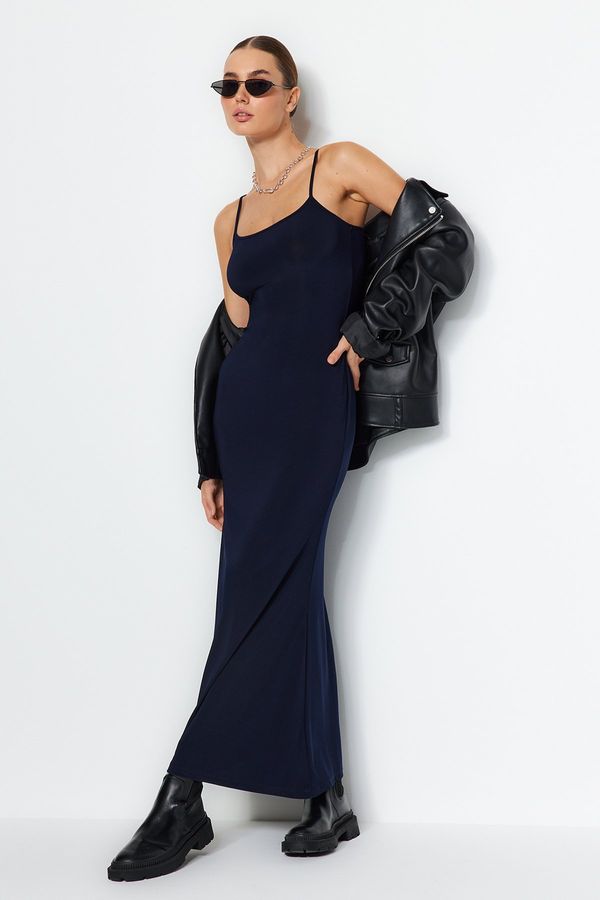 TRENDYOL NAVY BLUE FITTED STRAPPY FLEXIBLE MAXI KNITTED PENCIL DRESS
