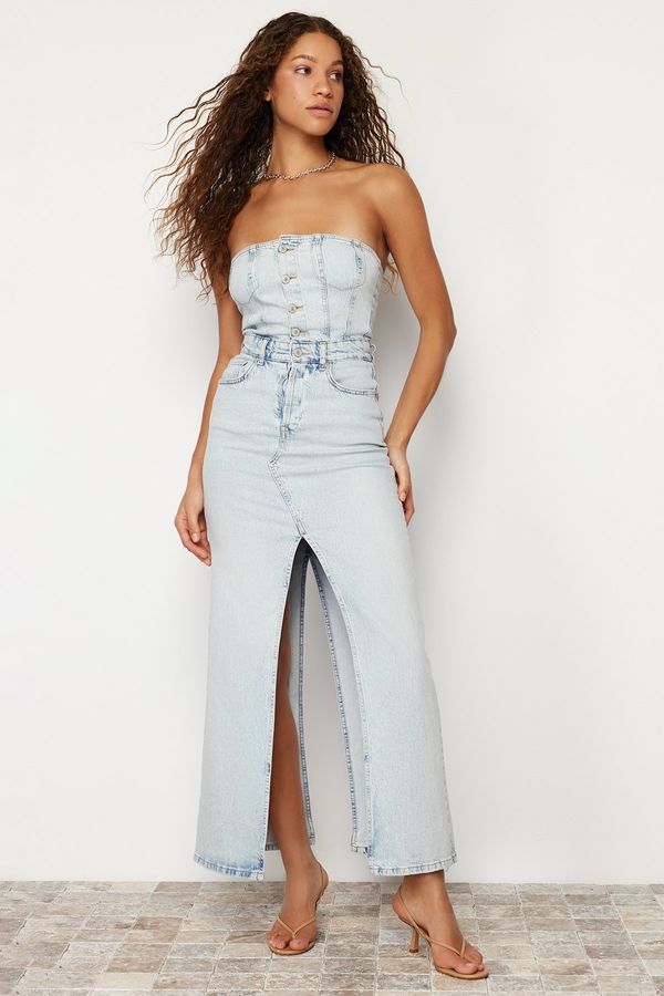 TRENDYOL LIGHT BLUE SLIT STRAPLESS MAXI DENIM DRESS