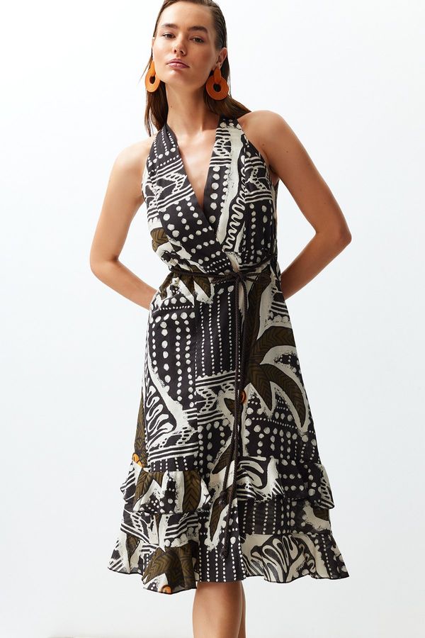 TRENDYOL TROPICAL PATTERNED BELTED MAXI WOVEN RUFFLED 100% COTTON BEACH DRESS