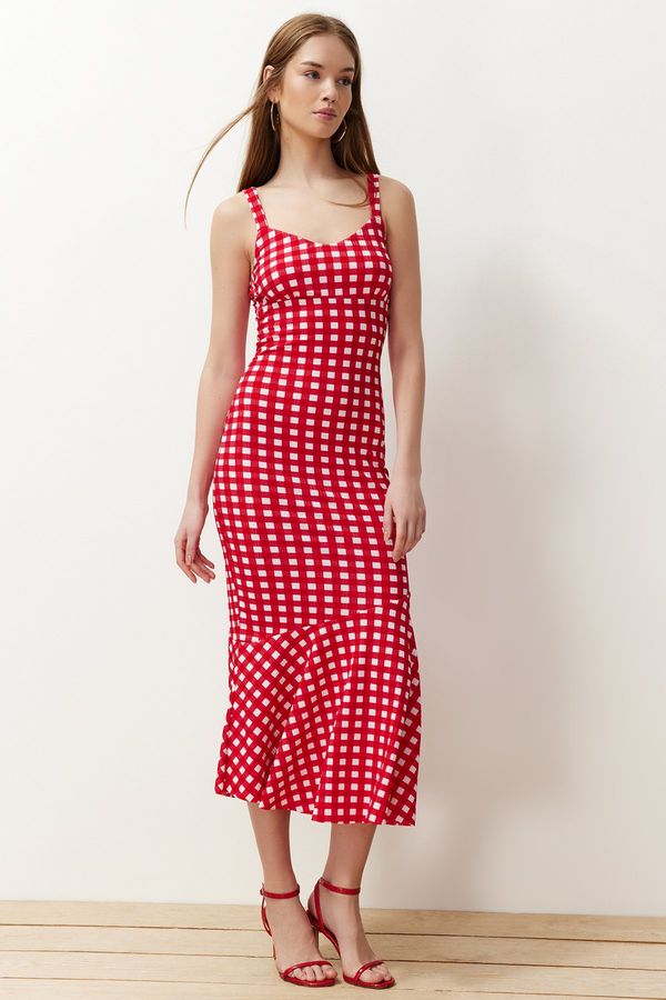 TRENDYOL RED PLAID STRAPPY FITTED RIBBED FLEXIBLE KNITTED MAXI PENCIL DRESS