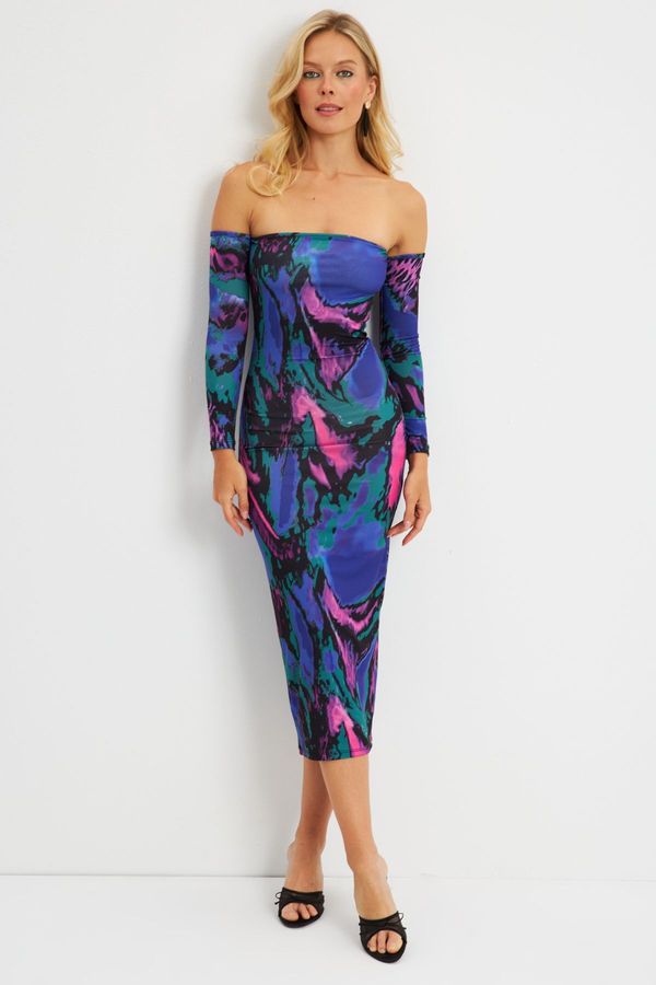 COOL & SEXY WOMEN'S MULTI MADONNA COLLAR PATTERNED MIDI DRESS