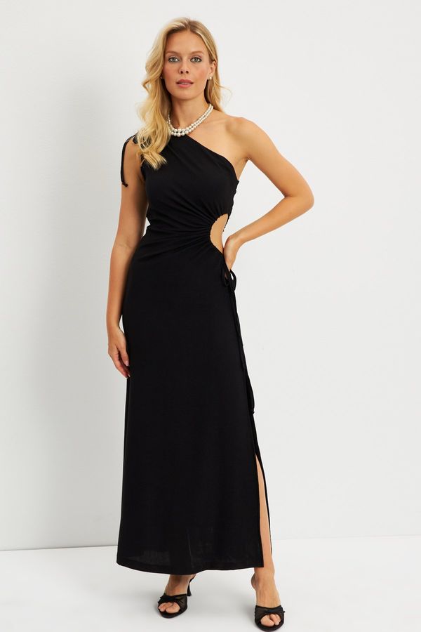 COOL & SEXY WOMEN'S BLACK SINGLE SHOULDER WRAP MIDI DRESS