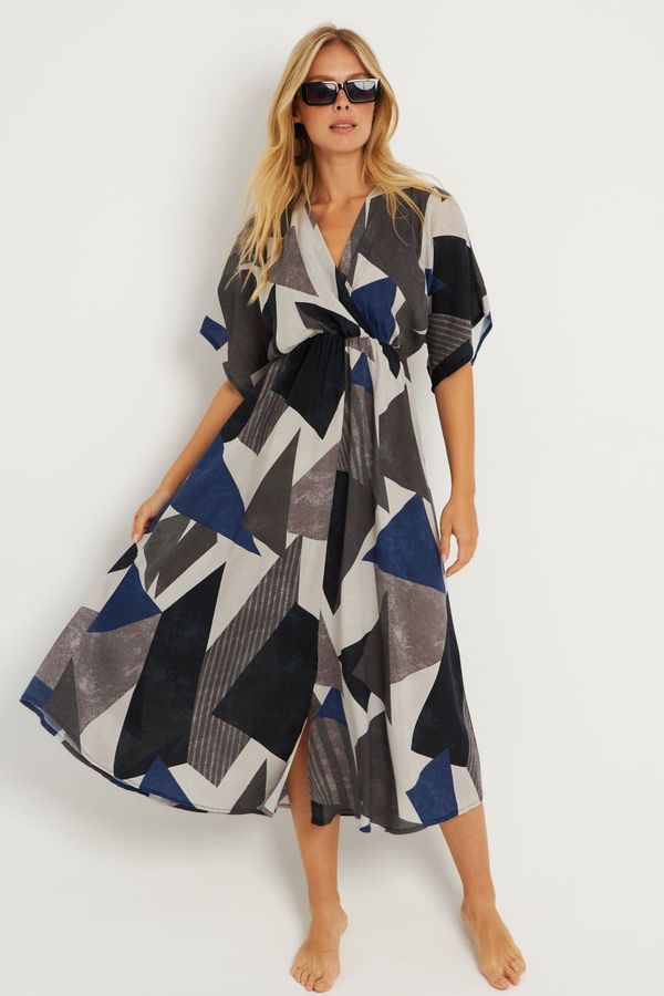 COOL & SEXY WOMEN'S ANTHRACITE PATTERNED DOUBLE BREASTED MIDI DRESS HT108