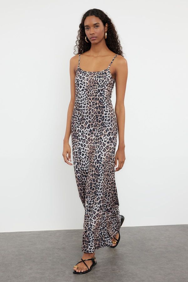 TRENDYOL BROWN LEOPARD PATTERNED BODYCONE/FITTING STRAPPY KNITTED MAXI DRESS