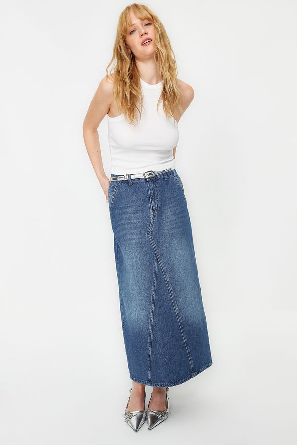 TRENDYOL BLUE STITCHING DETAILED HIGH WAIST MAXI DENIM SKIRT
