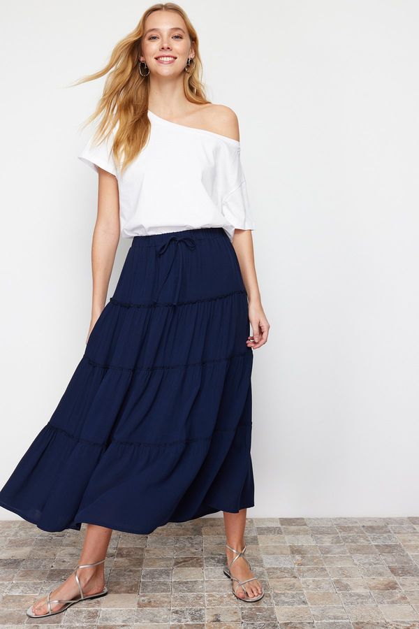 TRENDYOL NAVY BLUE FLARED MAXI LENGTH WOVEN SKIRT WITH GATHER DETAIL AT WAIST
