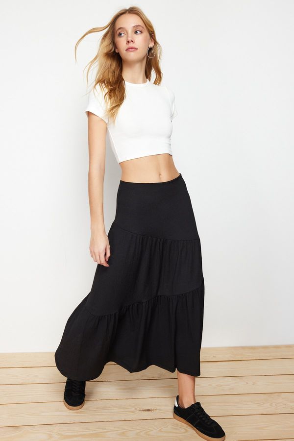 TRENDYOL BLACK WRAPPED/TEXTURED FLARED MAXI GATHERED FLEXIBLE KNITTED SKIRT