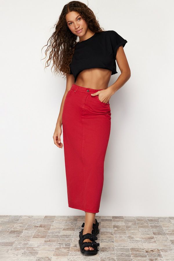 TRENDYOL RED SLIT MAXI DENIM SKIRT