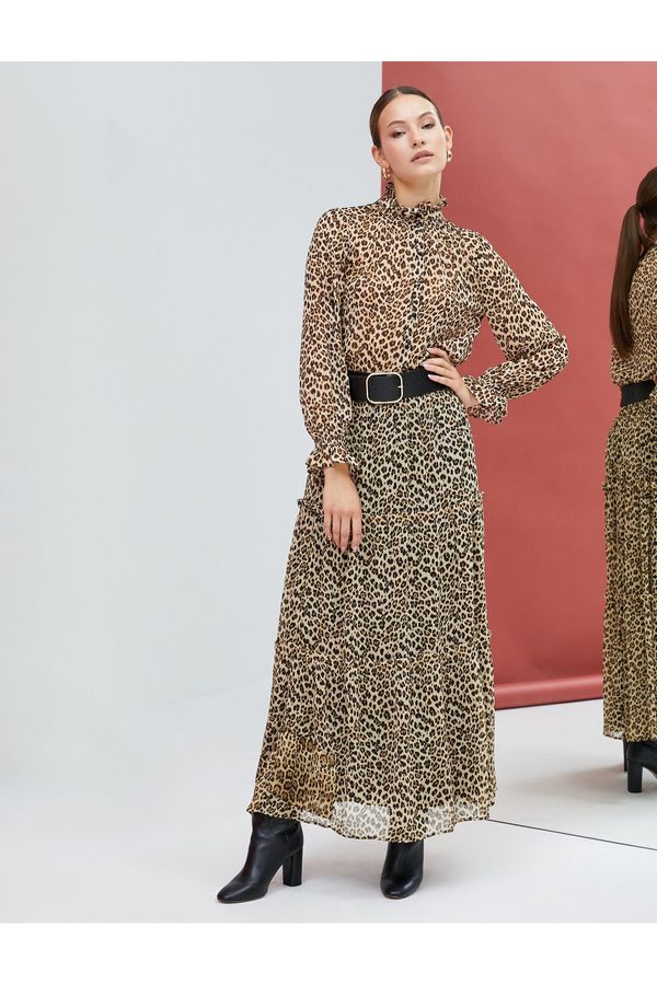 KOTON MAXI CHIFFON SKIRT LEOPARD PATTERNED FLOUNCE LINED