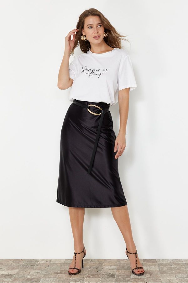 TRENDYOL BLACK PREMIUM SATIN A-LINE/ALARM FORM MIDI KNITTED SKIRT