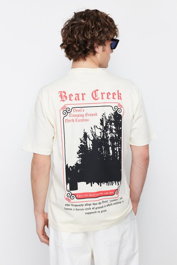 TRENDYOL BEIGE RELAXED/COMFORTABLE CUT TEXT PRINTED 100% COTTON SHORT SLEEVE T-SHIRT