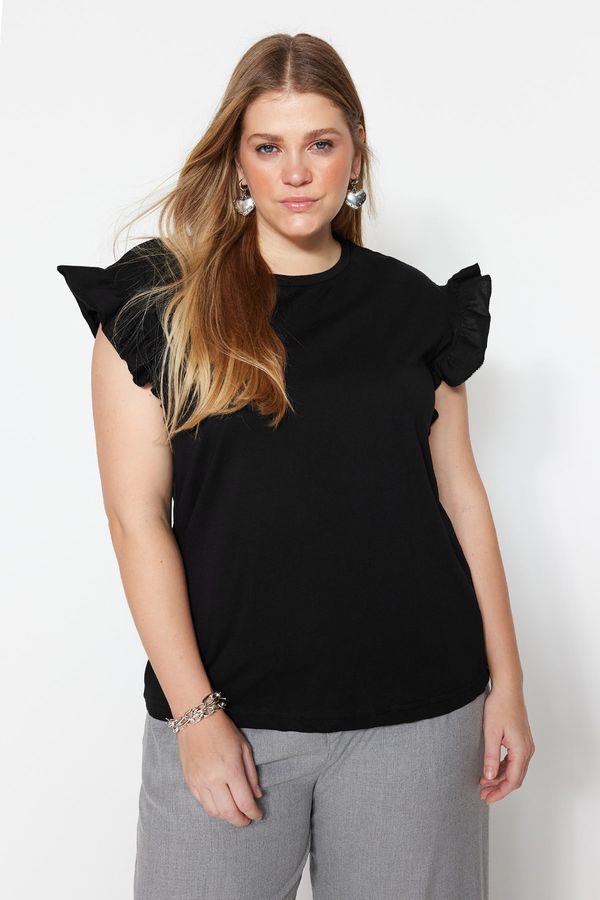 TRENDYOL CURVE BLACK CREW NECK SLEEVES FRILLY KNITTED T-SHIRT
