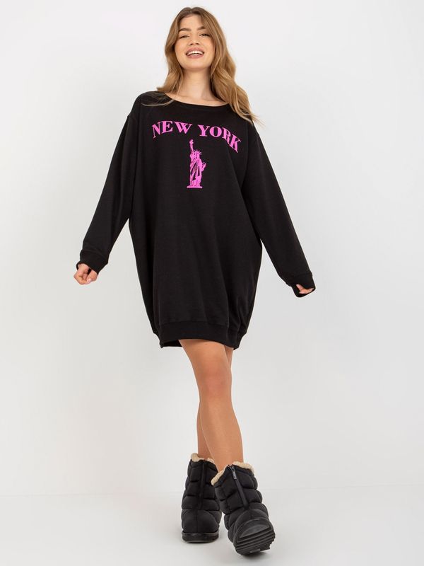 WOMEN'S LONG OVER SIZE SWEATSHIRT W/ PRINT - BLACK