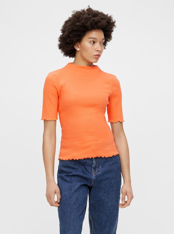 Orange T-shirt with stand-up collar Pieces Nukisa - Women